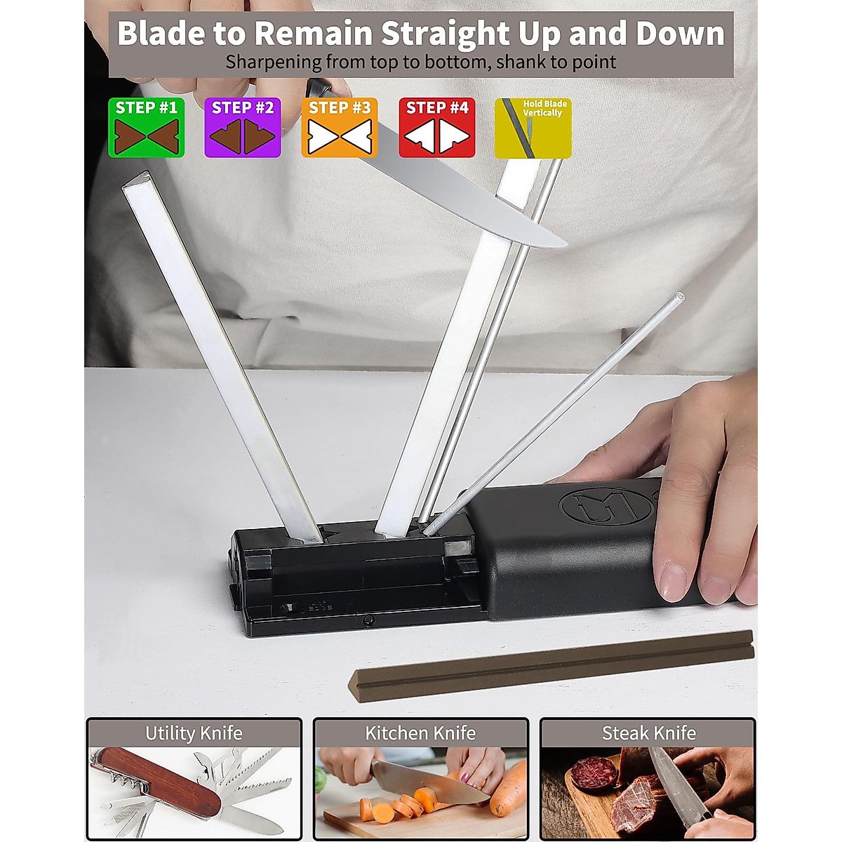 Tri knife sharpener with Safety Rods, Premium Alumina Ceramic Stones, Sharpener Rods for Quickly Repairing and Polishing Straight for Kitchen Knives, Scissors, and Razors