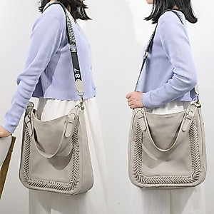 EMBRUNIOICE Large Hobo Bags for Women, Vegan Leather Hobo Purse and Handbag with Adjustable Guitar Strap, Ladies Crossbody Shoulder Bag (Light Grey)