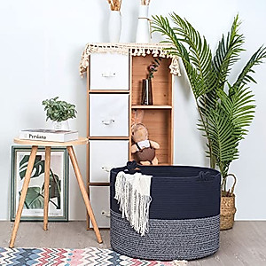 MINTWOOD Design XXXXLarge 22 x 16 Inches Decorative Cotton Rope Basket, Blanket Basket Living Room, Laundry Basket, Woven Basket, Toy Storage Baskets Bin, Round Basket for Pillows, Towels, Navy Blue