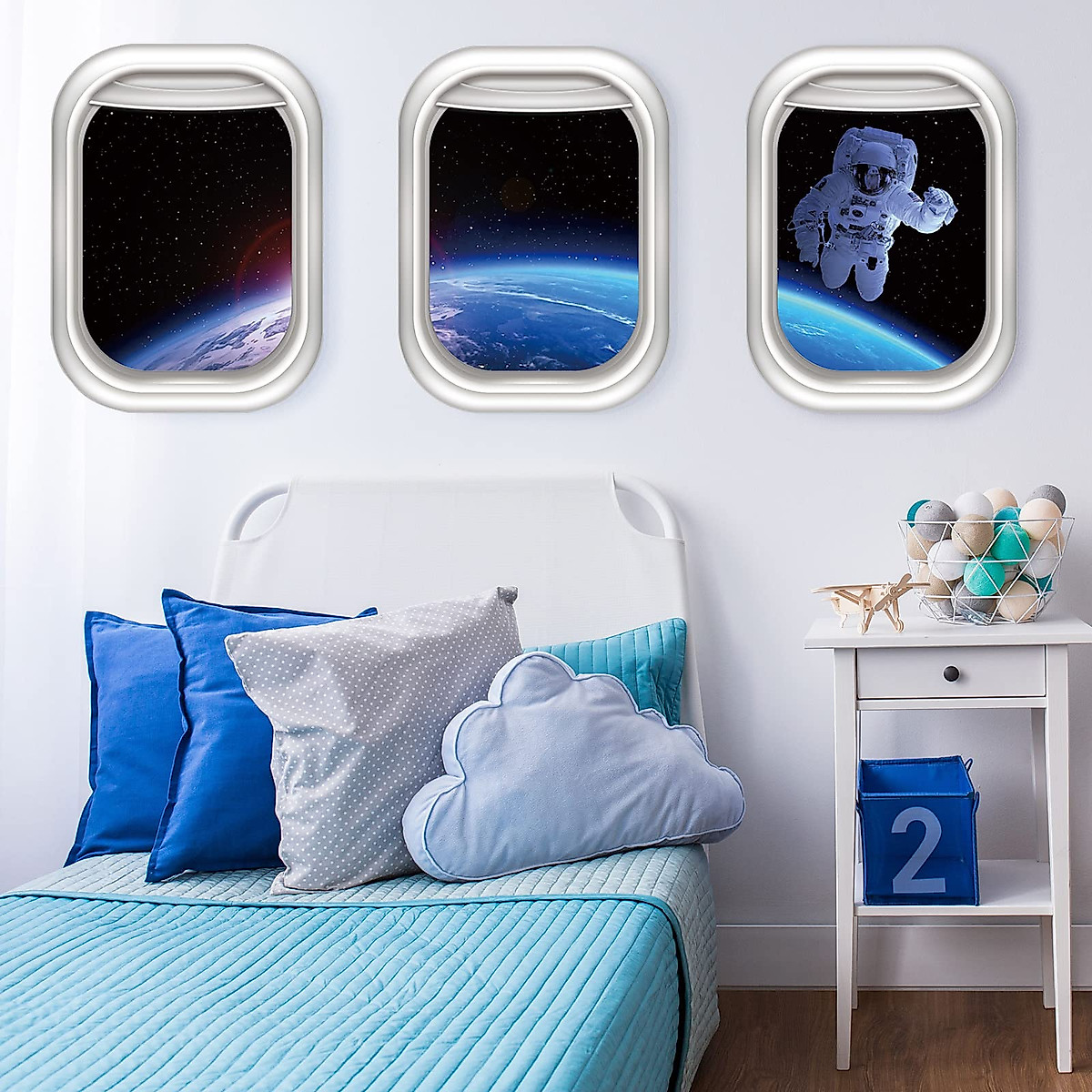 Rajahubri 3D Space Astronaut Window Wall Sticker Galaxy and Planet Fake Window Wall Decals Removable Outer Space Window View Wall Stickers Decal for Living Room