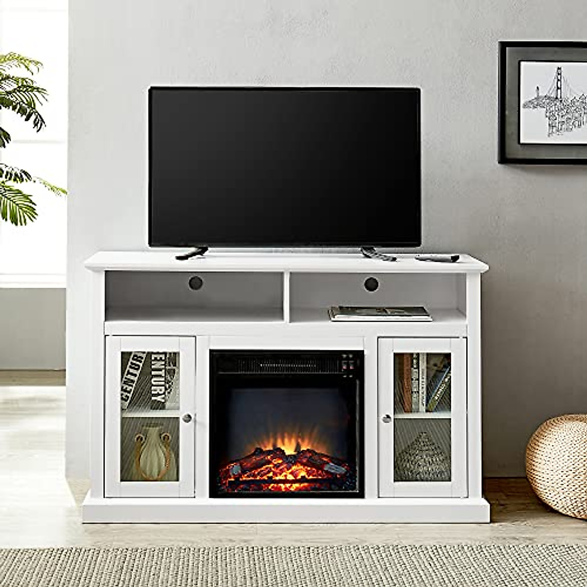 GOOD & GRACIOUS Modern Electric Fireplace TV Stand for 55 Inch TV Living Room Media Entertainment Center with Tempered Glass Storage Cabinet Wood Tall TV Console for Bedroom, 48 Inch,Painting White