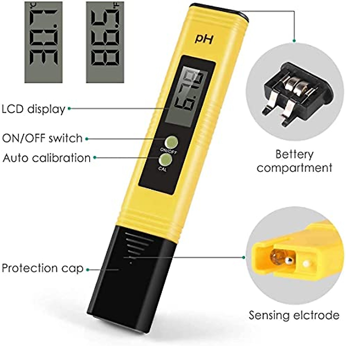 Precise Digital PH Meter, Tester with 0-14 PH Measurement Range for Household Drinking, Pool and Aquarium Water PH Tester Design with ATC Practical (Color : Yellow) Water Quality Detector