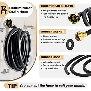 Dehumidifier Drain Hose, 3/4 Inch FHT, 12 Feet with Brass Rustproof Connector Hose for Most of Dehumidifiers (12ft)
