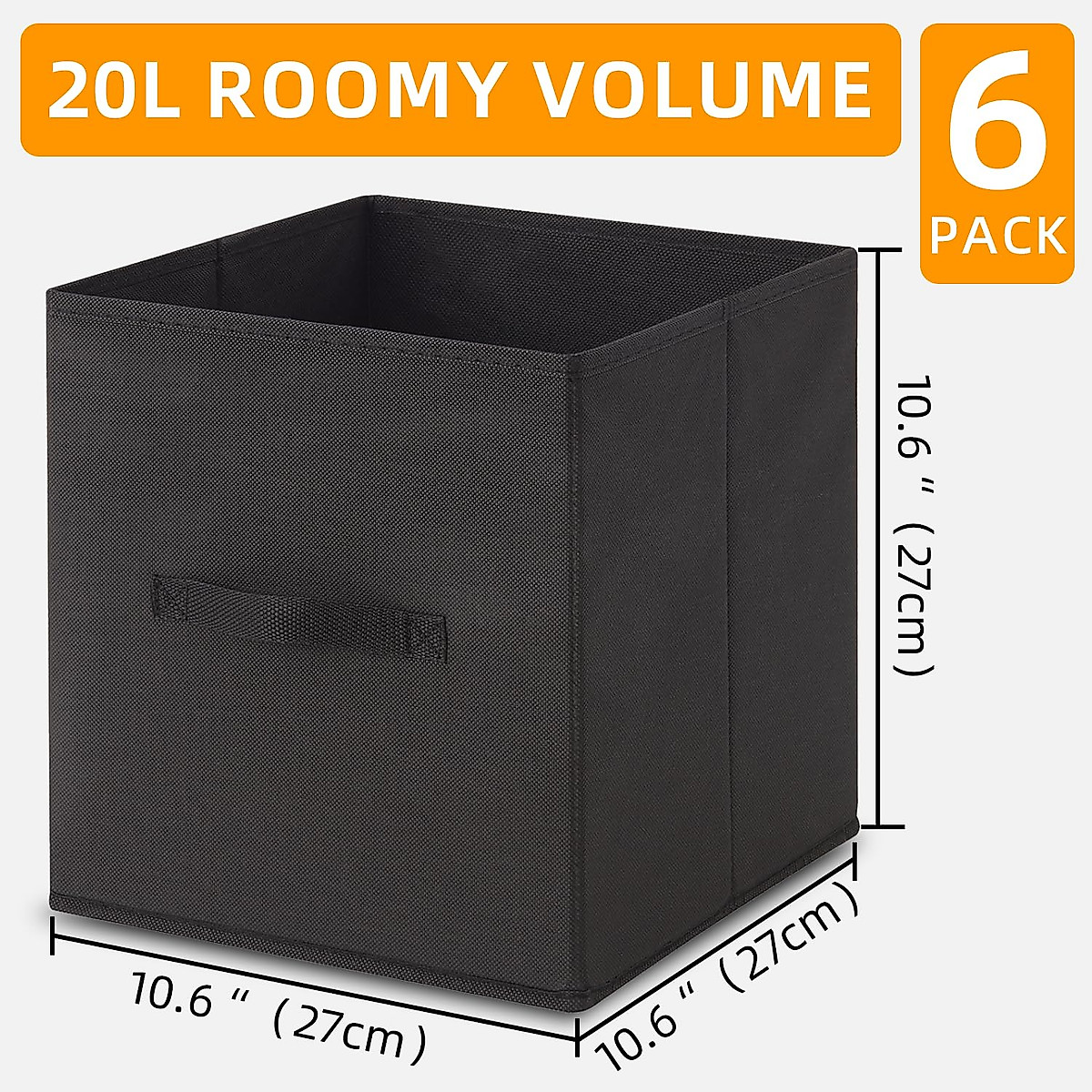 Somdot Fabric Storage Bins with Handle, 10.6 Inch Collapsible Storage Cubes, Foldable Organization Baskets for Closet Shelves Offices Toys, Set of 6 - Black