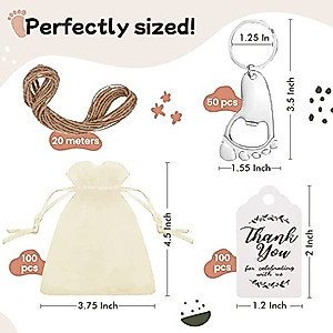 MRN BEAUTY 50 Pieces footprint bottle opener keychain Baby shower and Gender Reveal Party Return Gifts for Guests Footprint Bottle Opener Keychain with 100 Organza bags and Thank you Tags. (silver)