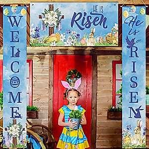 Easter He Is Risen Porch Banner 3 Pieces Welcome Religious Holiday Front Door Sign Christian Cross Resurrection Fence Banner Hanging Outdoor Banner for Home Birthday Garden Wall Party Decoration