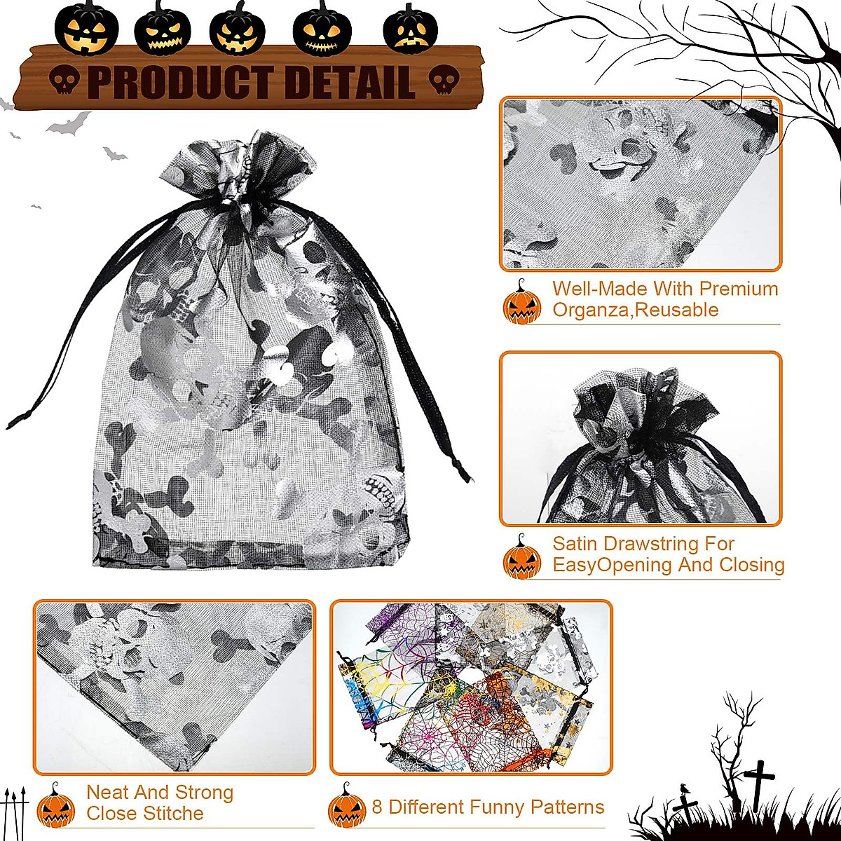 Fulmoon 400 Pcs Halloween Organza Bags 4 x 6 Inches Spider Web Print Halloween Drawstring Treat Bags Small Gift Bags for Halloween Trick or Treat Party Favor Gift Candy Snacks Jewelry
