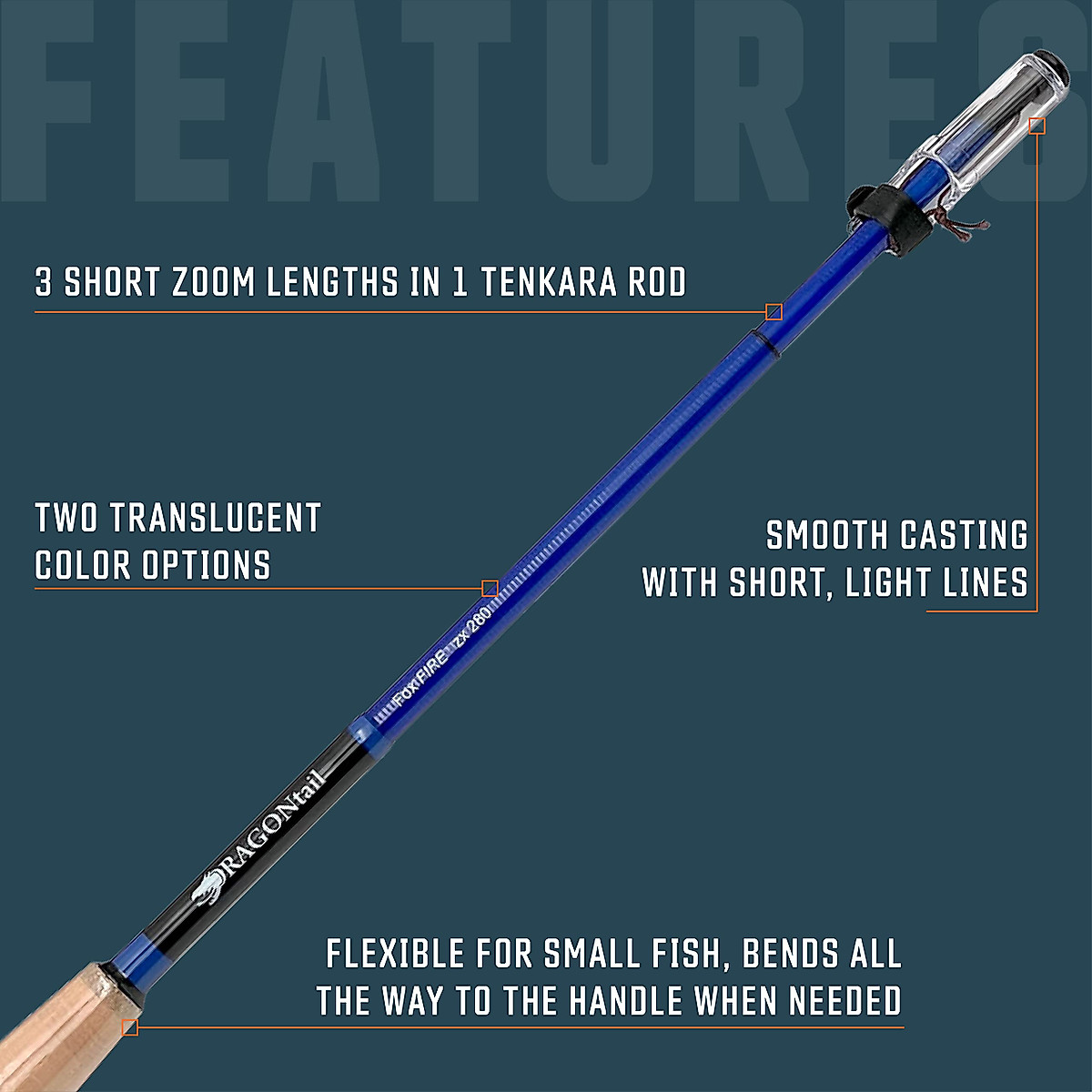 DRAGONtail Foxfire zx280 Zoom Zoom Fiberglass - Hybrid Tenkara Rod, with Level Line Kit - Blue