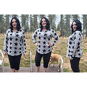 CARCOS Womens Plus Size Tops Grey Pullover Sweatshirts Long Sleeve Shirts V Neck Star Print Tunics Casual Blouses 5XL 26W 28W