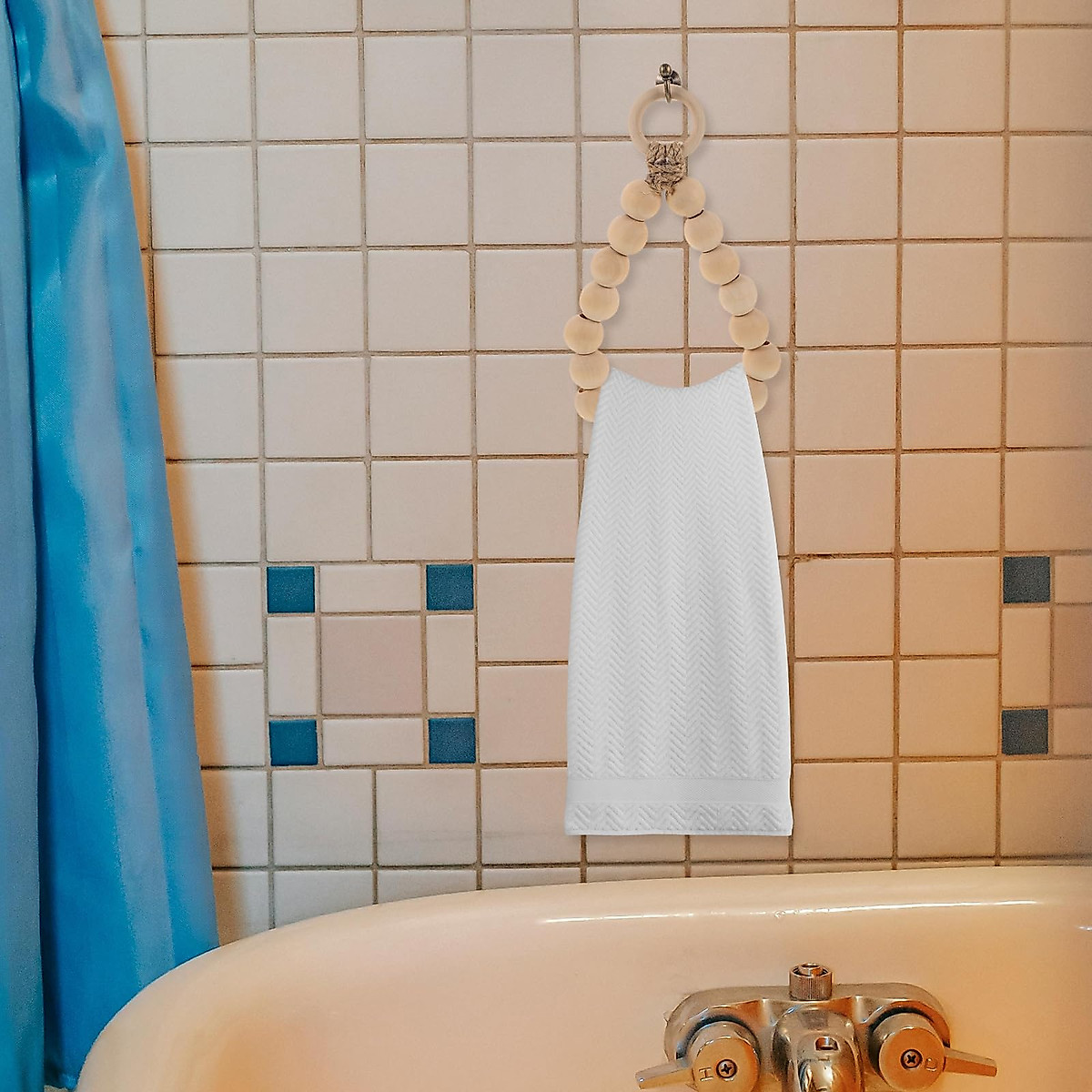 LUOZZY Hand Towel Holder Wooden Beaded Bathroom Towel Ring Wood Bead Towel Hanger Dish Cloth Hanger for Kitchen