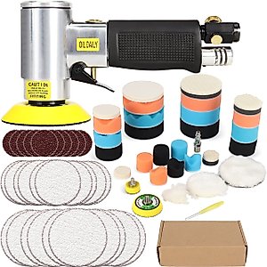 BAINUO 1/2/3 Inch Mini Air Angle Sander Air Random Orbital Palm Sander Grinder for Auto Body Work, High Speed Air Powered Sanders & Polisher with 27 Polishing Pads Buffing Pads and 30 Sandpapers