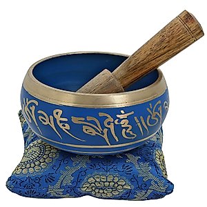Ajuny Tibetan Singing Bowl Set - Handcrafted Meditation Brass Sound Bowl with Stick and Cushion for Yoga, Chakra Healing, Mindfulness and Stress Relief Spiritual Gifts - Blue