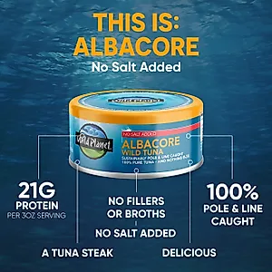 Wild Planet Albacore Wild Tuna, No Salt Added, Canned Tuna, Pole & Line Caught, 5 oz, Pack of 4, Packaging May Vary