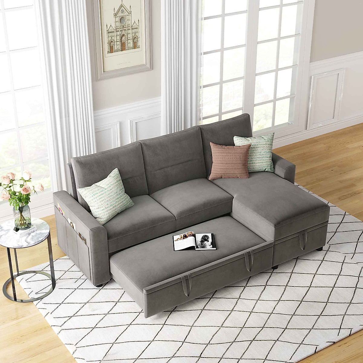ATY Reversible Sectional Sofa Bed with 2 Pull-Out Sleepers, L-Shape Corner Couch with Storage Chaise, 3 Seat Both Left Right Handed with loveseat, 82.1 Grey Brown
