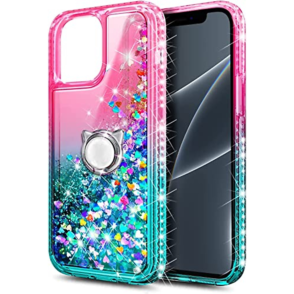 NGB Supremacy Compatible for iPhone 13 Case (6.1 inch) with Tempered Glass Screen Protector, Ring Holder/Wrist Strap, Girls Women Kids Bling Sparkle Liquid Glitter Cute Case (Pink/Aqua)