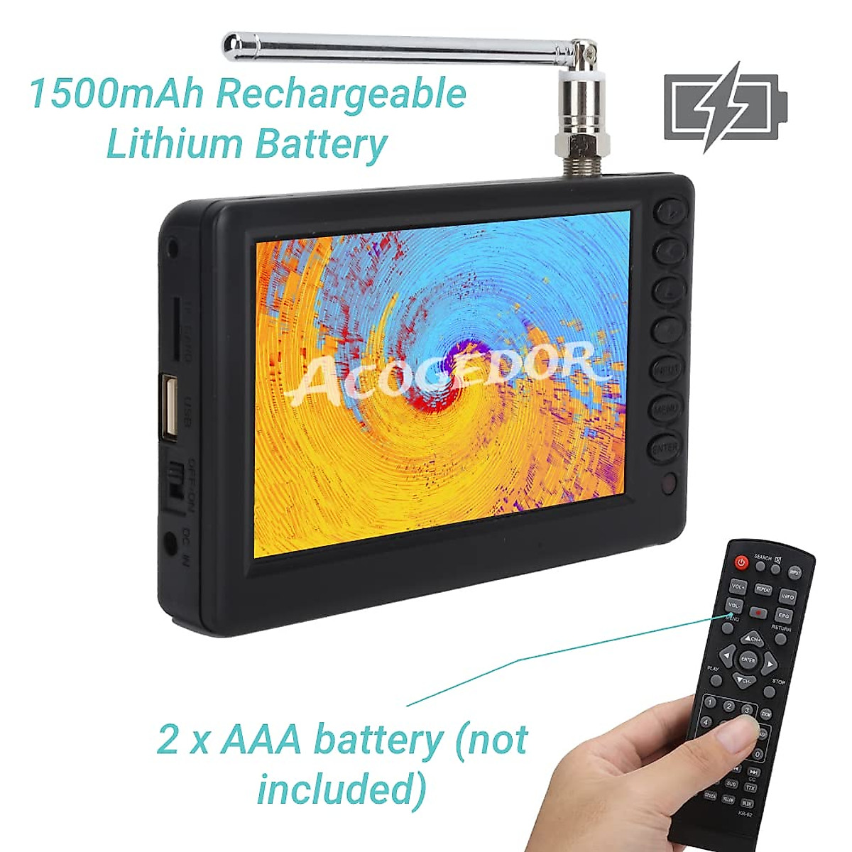 Acogedor 5 Inch Portable TV, 1080P ATSC Pocket Digital Car TV, with 1500mAh Rechargeable Battery, Support USB, TF Card, Mini Digital Television for Camping, Kitchen