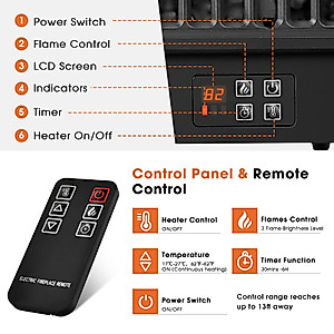 COSTWAY Electric Fireplace Log Heater with Remote Control, 23-Inch Realistic Ember Bed Insert Log with 0.5-6H Timer, Adjustable Flame Brightness and Temperature, Overheating Protection, 1400W