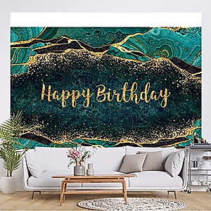Ticuenicoa 7×5ft Emerald Green Backdrop Fluid Happy Birthday Photography Background for Men WomenMarble and Gold Glitter 30th 40th 50th 60th 70th Party Banner Decorations Photo Studio Props