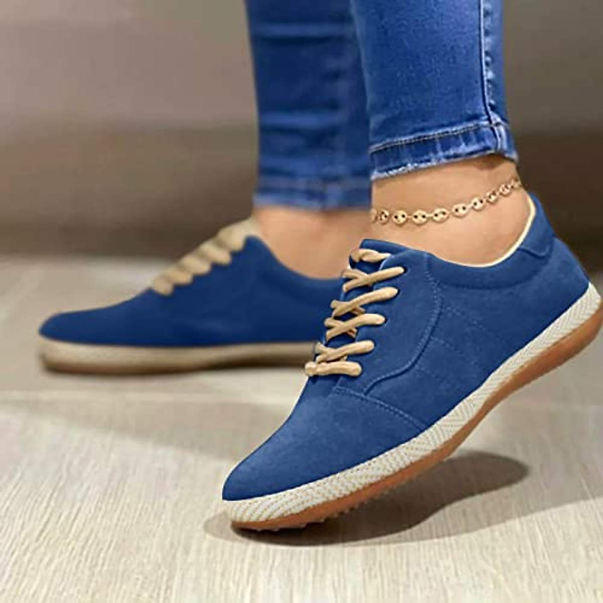 Women Sneakers Slip On Wide Single Up Women Shoes Lace Casual Suede Toe Breathable Comfortable Flat Summer Shoes (Blue, 6.5-7)