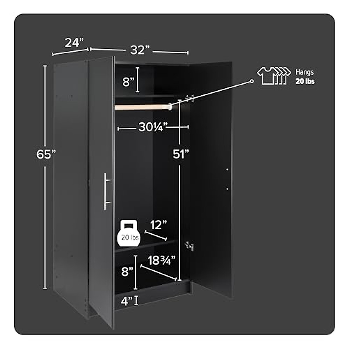 Prepac Elite 32" Storage Cabinet Closet, Black Storage Cabinet, Linen Cabinet, Wardrobe Cabinet with Hanging Rail and Shelves 24.5" D x 32" W x 65" H