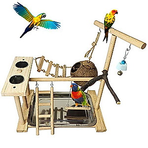 Hamiledyi Parrot Playground Bird Playstand Wood Perch Gym with Feeder Cups Toys Cockatiel Nest with Ladder for Conure Lovebirds