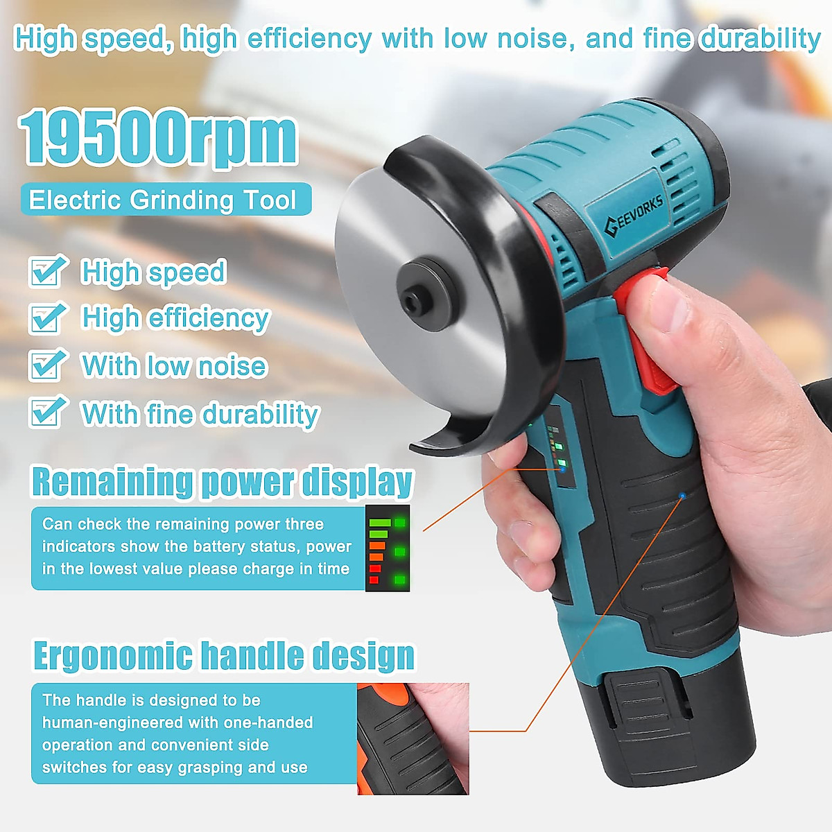 Angle Grinder, Geevorks Grinders Power Tools 12V 19500RPM, Mini Angle Grinder Cordless with 2PCS 1500mAh Battery/Nylon Cutting Blade-s/Grinding Disc/Metal Cutting Disc, Blue