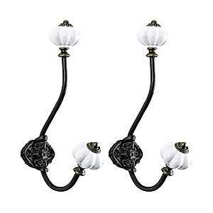 NIKKY HOME Wall Hooks Decorative 2 Pack Hanging Rustic Vintage Pumpkin Metal Iron Ceramic Antique Mounted Wall Hook for Towels Coat Bag Scarf Cap Hat Key for Farmhouse Mudroom Closet Bathroom, White