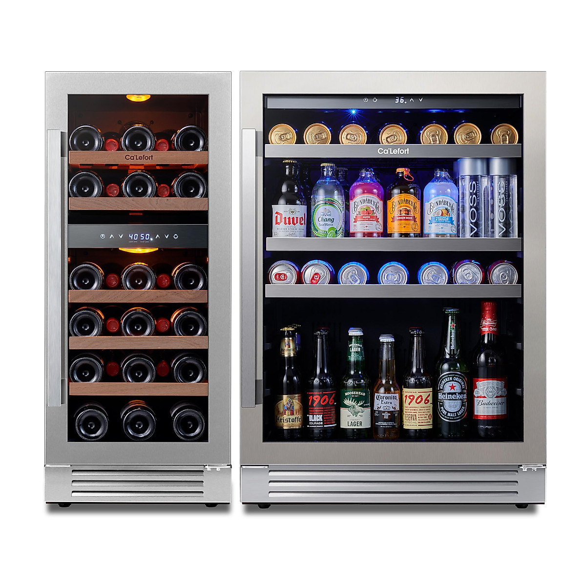 Ca'Lefort Wine Beverage Refrigerator - 39 Inch 34-65°F Drink Fridge Glass Door, 3 LED Beverage Cooler Built-in or Freestanding, Holds 180 Cans and 28 Bottles (24'' & 15" Bundle)
