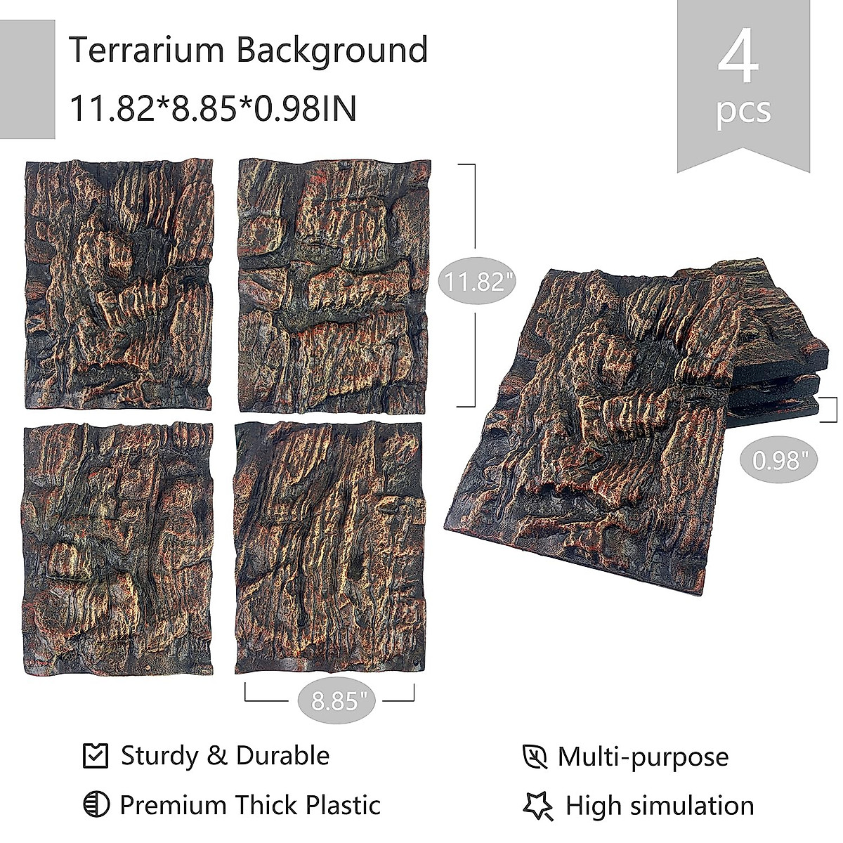 Sysmashing 4pcs Rock Terrarium Background,3D Reptile Tank Background Board,Amphibian Stereo Backdrop Wall,Lizard snake gecko spider chameleon turtle fish pet silo background decorative panel