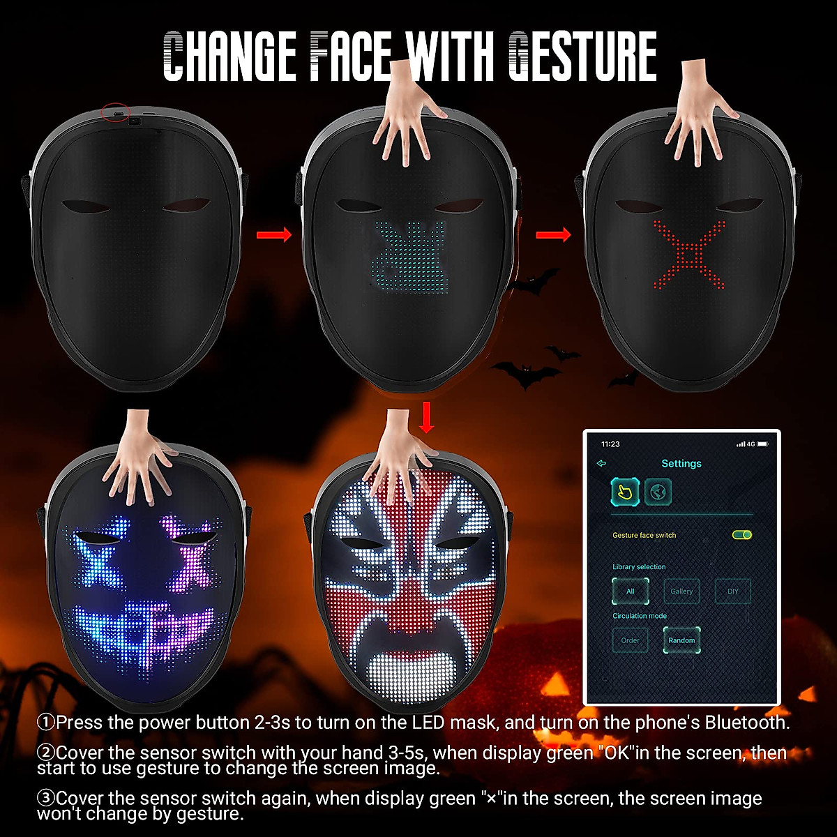 Saparlo LED Mask with Gesture Sensor, Rechargeable Bluetooth Light Up Mask, Face Transforming Shining LED Face Mask, APP Controlled-Programmable Glow Mask for Kids/Adult Cosplay Costume Party