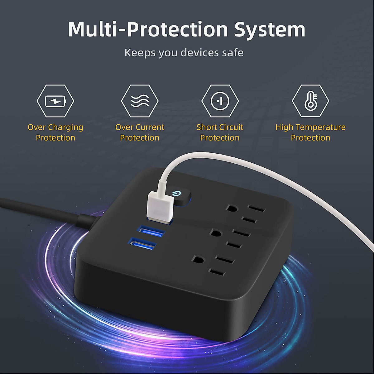 Power Strip 3 AC Outlets and 3 USB Charging Ports with Night Vision Light,Desktop USB Charging Station 4Ft Extension Cord,Flat Plug,Overload Protection for Home,Office,Travel,Cruise Ship,Dorm