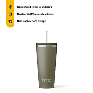 RTIC 20oz Everyday Tumbler Insulated Stainless Steel Portable Travel Coffee Cup with Straw, Spill-Resistant Lid, BPA-Free, Hot and Cold Drink, Ceramic Lining, Olive