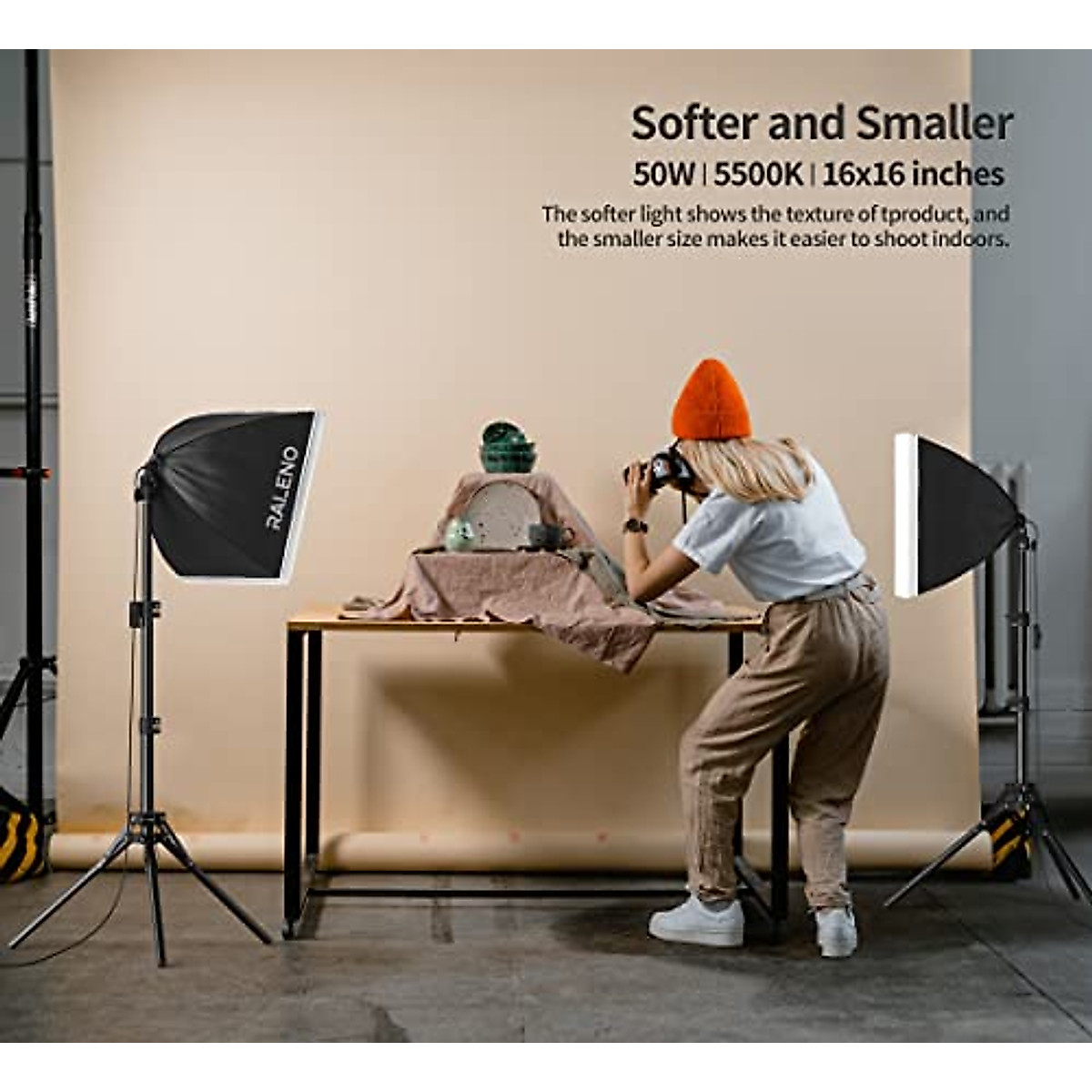 RALENO® Softbox Lighting Kit, 2 x 16'' x 16'' Photography Studio Equipments with 50W / 5500K / 90 CRI LED Bulbs, Continuous Lighting System for Video Recording and Photography Shooting