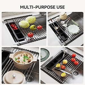 Yofidra Expandable Roll-Up Dish Drying Rack (Up to 19.6") with Expandable Storage Basket, Over-The-Sink Dish Drainer Drying Rack, Foldable Stainless Steel Kitchen Drainer - Black