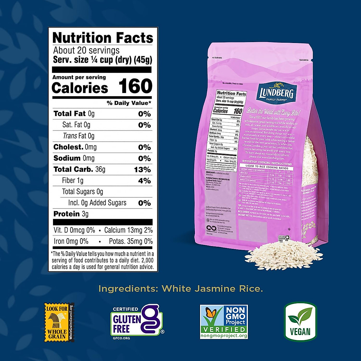 Lundberg Jasmine Rice, Long Grain White Rice - Non-Sticky, FluffyAromatic Rice, Sustainably Grown in California, Pantry Staples, Chip Clip Included, 32 Oz