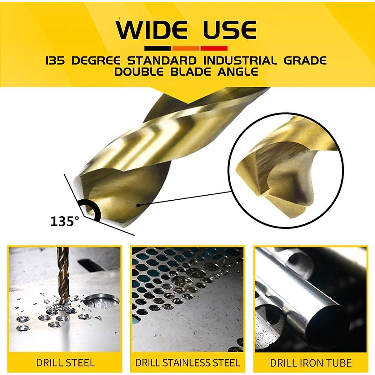 Monster & Master Titanium Plated Drill Bit Set, 21-Piece, High-Speed Steel Gold Drill Bits with 135 Degree Split Point Tip, 1/16" to 3/8", MM-TP-002