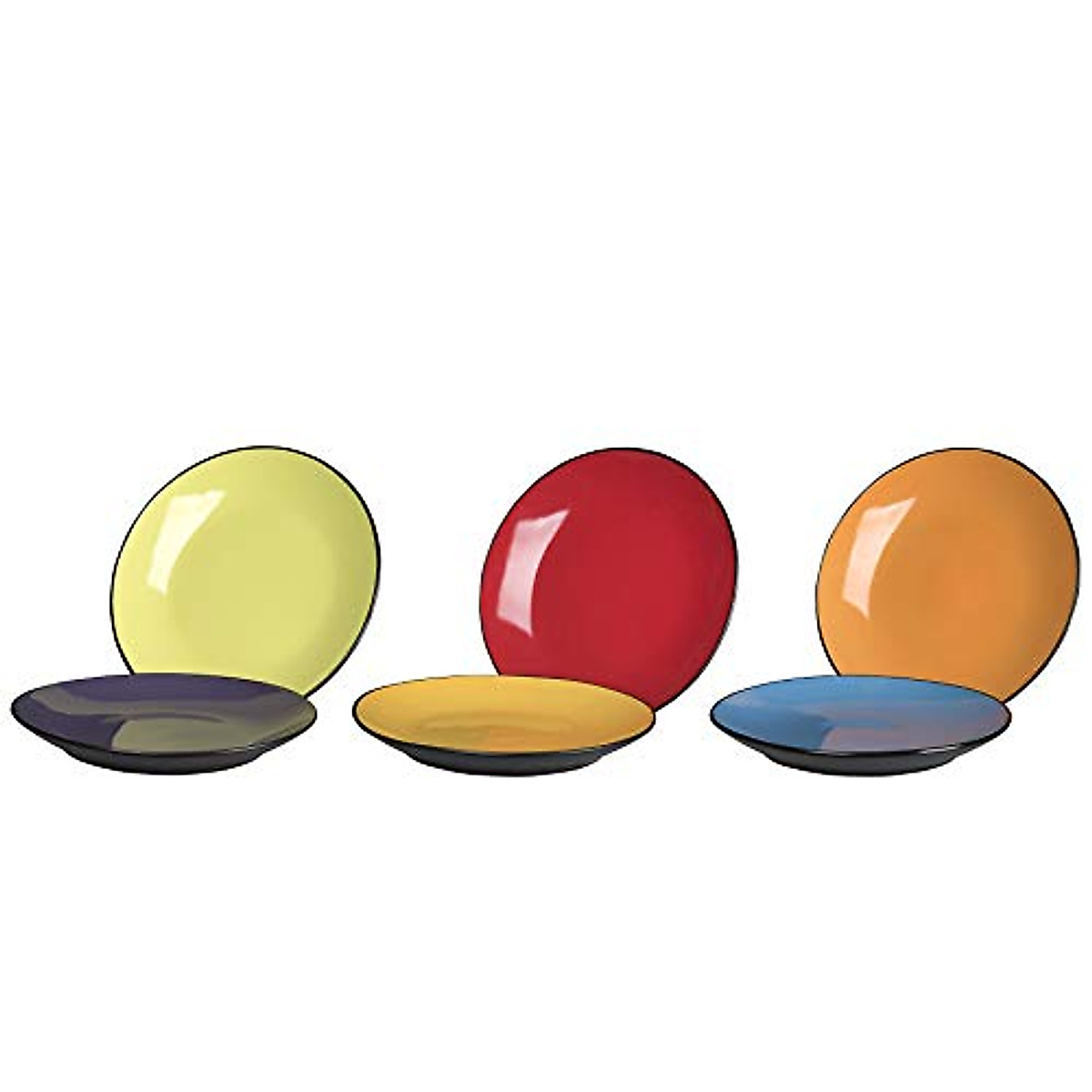 Klikel 6 Pack of Colored Salad Plates - Dishwasher And Microwave Safe Ceramic 8" Plate Set - Black Outside With Color Inside