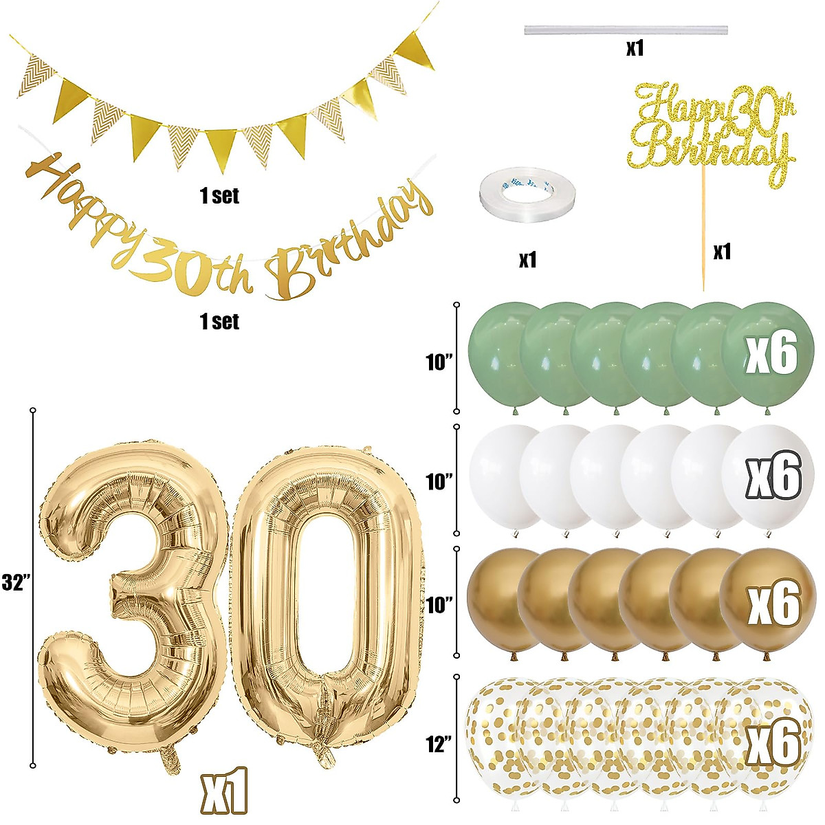 30th Birthday Decorations for Women Men, Happy 30th Birthday Banner with Birthday Cake Topper Number 30 Foil Balloon Sage Green White Gold Birthday Balloons for 30 Year Old Birthday Party Decoration