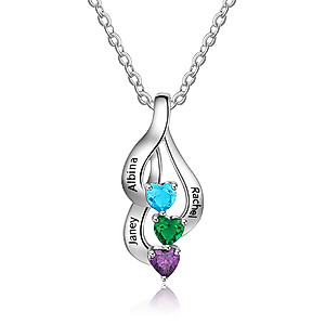 Personalized Sterling Silver 3 Heart Simulated Birthstone Mothers Pendant Necklace with Names Engraved Pendant Family Necklace for Women (3 Names)