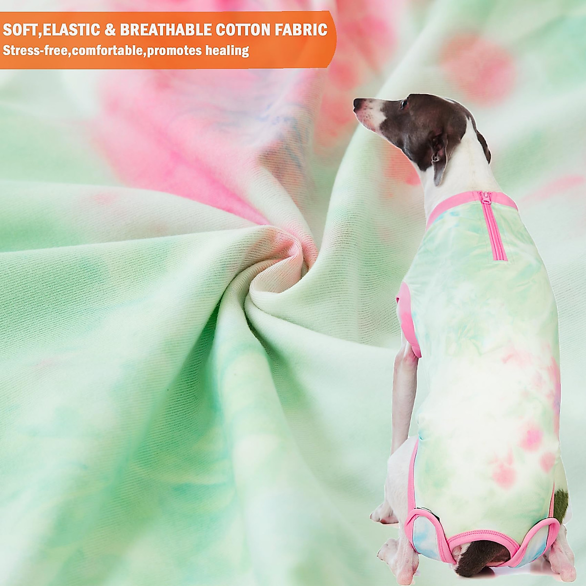 Wabdhally Dog Surgery Recovery Suit,Surgical Suit for Large Female Spay,Soft Combed Cotton,Tie Dye Pink Zipper Onesie 3XL