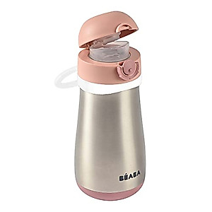 BEABA Kids Stainless Steel Water Bottle, Baby to Toddler Insulated Water bottle, Close Top On The Go Kids Water bottle, Toddler Thermos Water bottle (Rose)