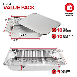 Chafing Dish Buffet Set with Cover Disposable - 21x13 (5 Pack) 9x13 & Lids (10 Pack) Aluminum Serving Trays, Catering Pans for Keeping Food Warm, Chaffing Dishes for Buffets and Parties, Warming Tray