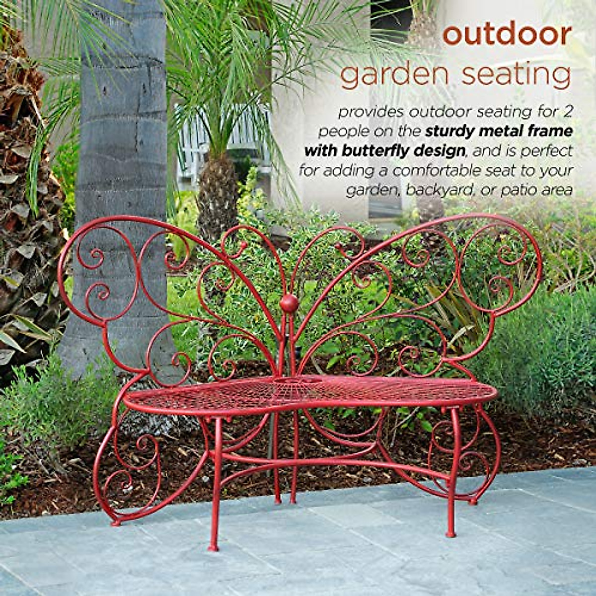 Alpine Corporation BAZ400RD Alpine Butterfly Metal Two People Outdoor Bench, 62" L x 26" W x 38" H, Red