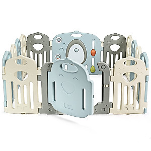 CHEFJOY Baby Playpen Kids 14 Panel, Safety Yard Activity Center, Door with Safety Lock & Lovely Toys, Portable HDPE Indoor Outdoor Play Fence with Non-Slip Rubber Suction Cup