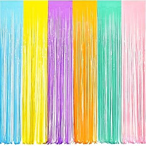 BRAVESHINE Glitter Tinsel Foil Fringe Curtains - 2Pcs 3.2x8.2ft Pastel Rainbow Photo Backdrop for Sweet Birthday Baby Shower Unicorn Mermaid Kids Candy Donut Ice Cream Easter Bunny Party Decorations