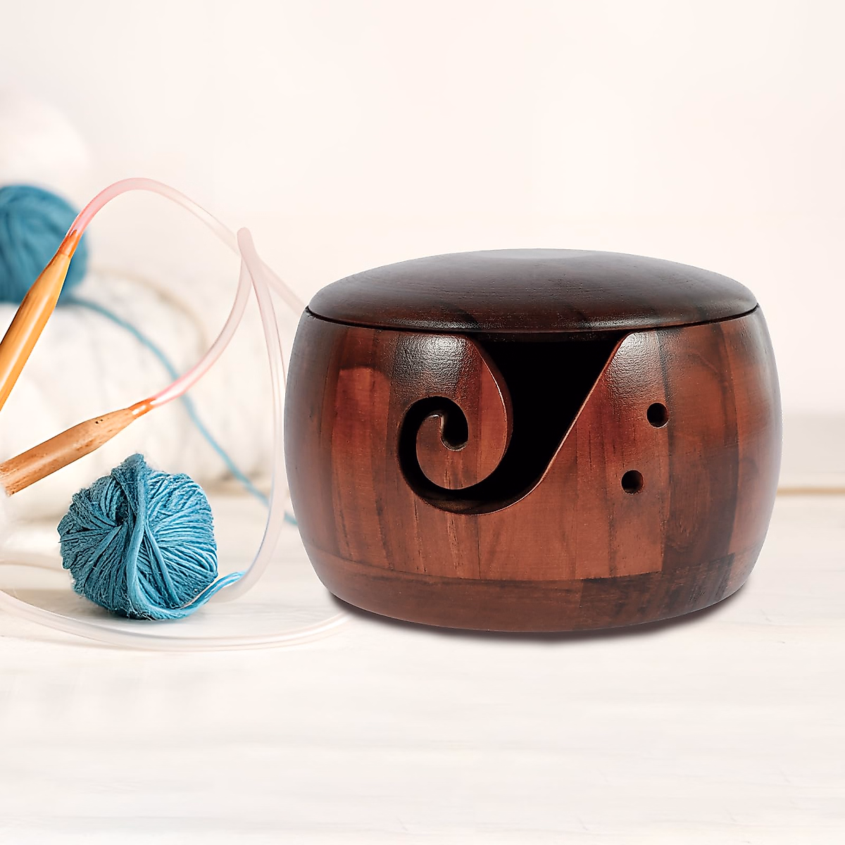 Wooden Yarn Bowl Round Crochet Bowl Holder with Holes Pine Knitting Yarn Bowls Wooden Weaving Thread Bowl with Lid Portable Yarn Storage Bowl for DIY Knitting Crafts 5.9x5.9x3inch(Dark with lid)