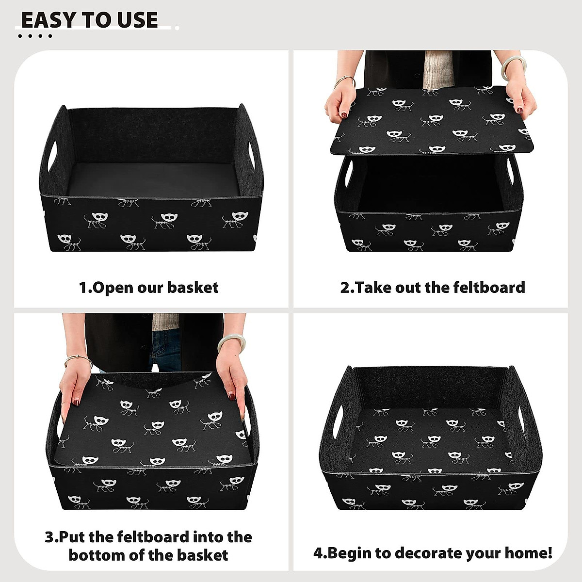 susiyo Funny Cat Skeletons Storage Bin with Handles Decorative Storage Box Foldable Basket for Organizing Closet Shelf Nursery Toy Office 13.7x5.1x10.2in