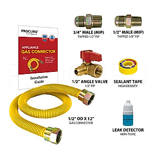 PROCURU 1/2" OD x 12" Gas Flex Connector Kit with 1/2" Angle Valve, WeatherProof Flexible Stainless Steel Tubing with SafeGuard Coating for Dryer, Water Heater