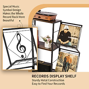 Record Player Stand, Record Player Table with Vinyl Record Storage, Turntable Stand with 2-Tier Vinyl Display Shelf & Metal Frame, Vinyl Record Holder for Living Room, Rustic Brown