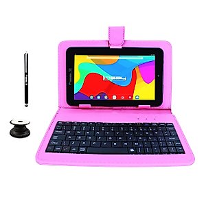 LINSAY 7" 2GB RAM 32GB Storage Android 12 Tablet with Pink Leather Keyboard, Pop Holder and Pen Stylus